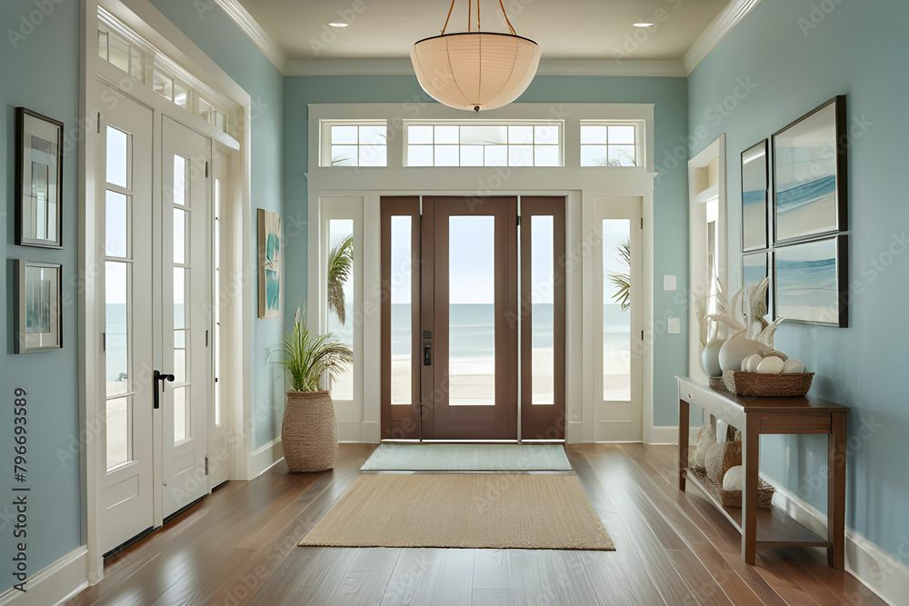 An open large and wide interior front door hallway foyer with transom ...