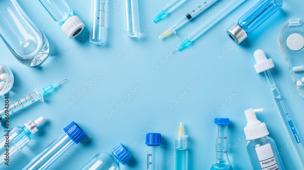 A collection of medical supplies including syringes, vials, and bottles ...