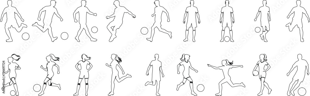 Soccer players, line drawings, poses, actions, kicking, ball, running ...