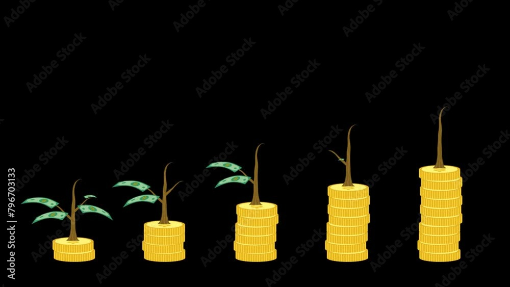 animated Stacks of coins arranged in a bar graph and growing dollar ...