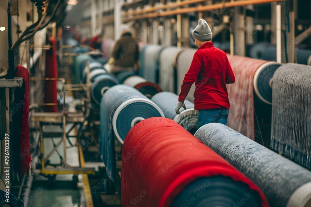 Factory workers handling fabric rolls in denim factory reveal jeans ...