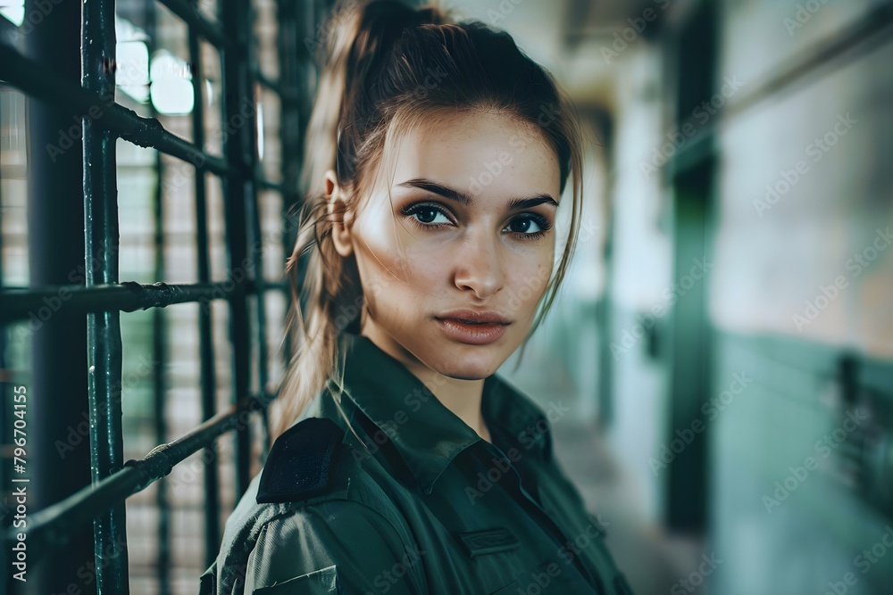 Female prison guard in uniform ensuring safety and order in prison ...
