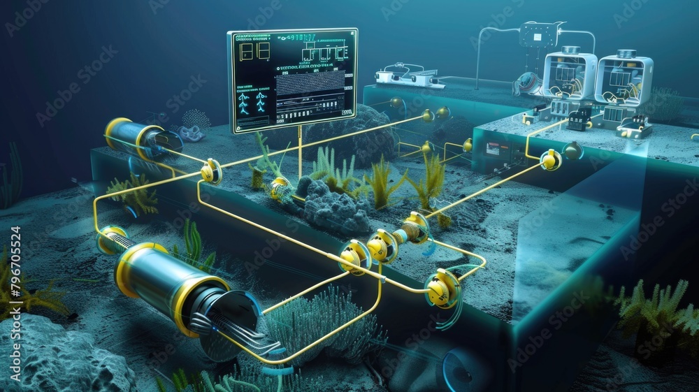 detailed diagram on a monitor of an undersea optical cable system ...