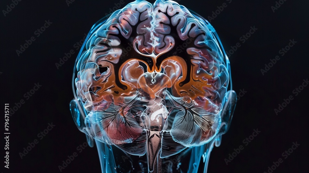 A transparent view of a brain scan, focusing on the frontal lobe and ...