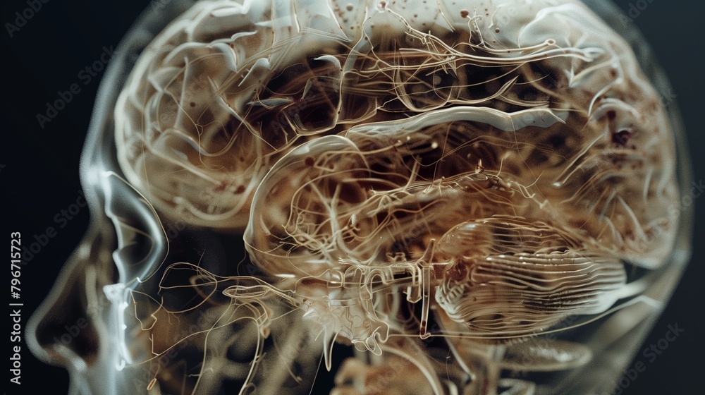 A transparent view of a brain scan, focusing on the frontal lobe and ...