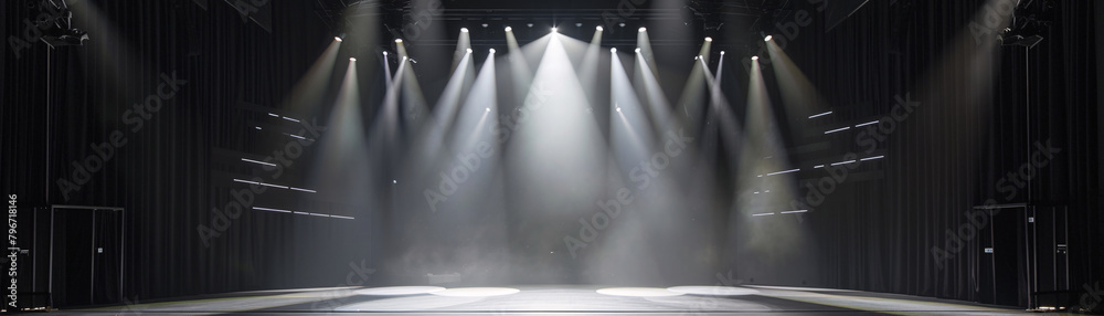 Wide-angle view of a modern performance stage, illuminated by ...