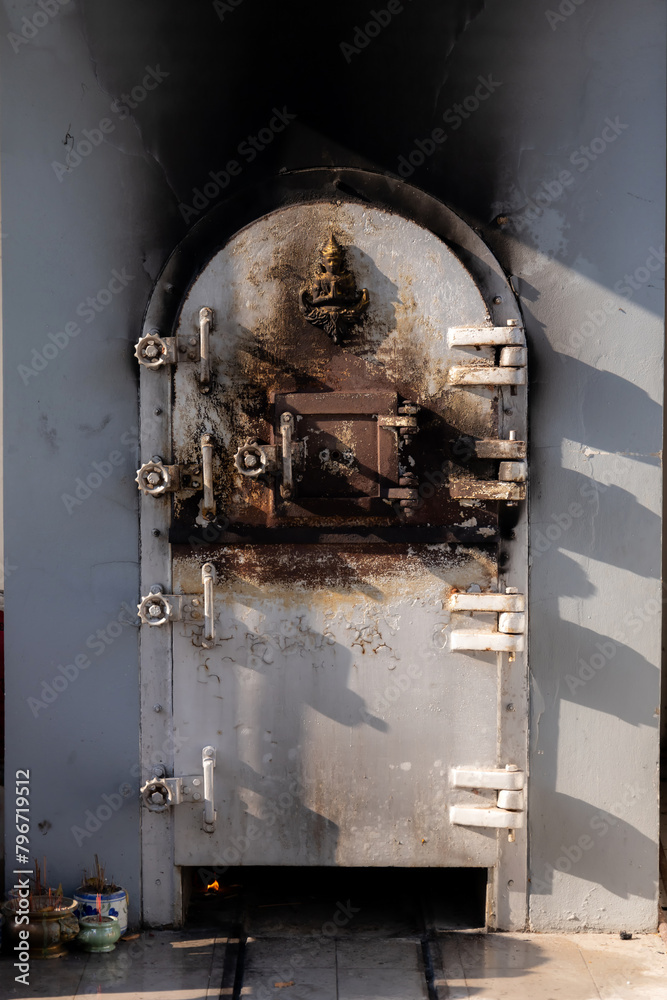 Crematorium door close from cremate funeral human body cremation ...