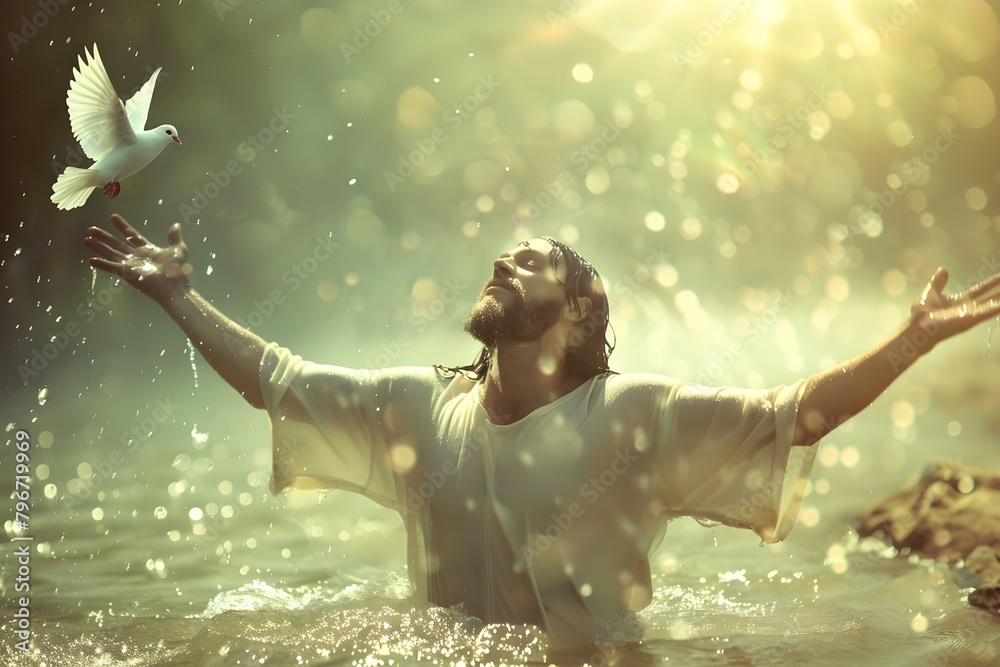 Jesus standing in water with outstretched arms dove flying above him ...
