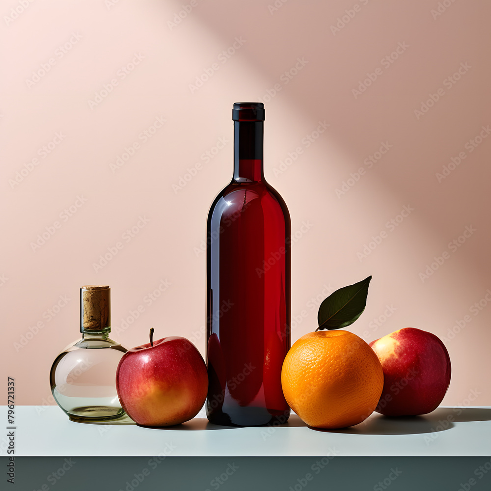 Bodegón de botella de vino rodeada de manzana y naranja. Fotografía de ...