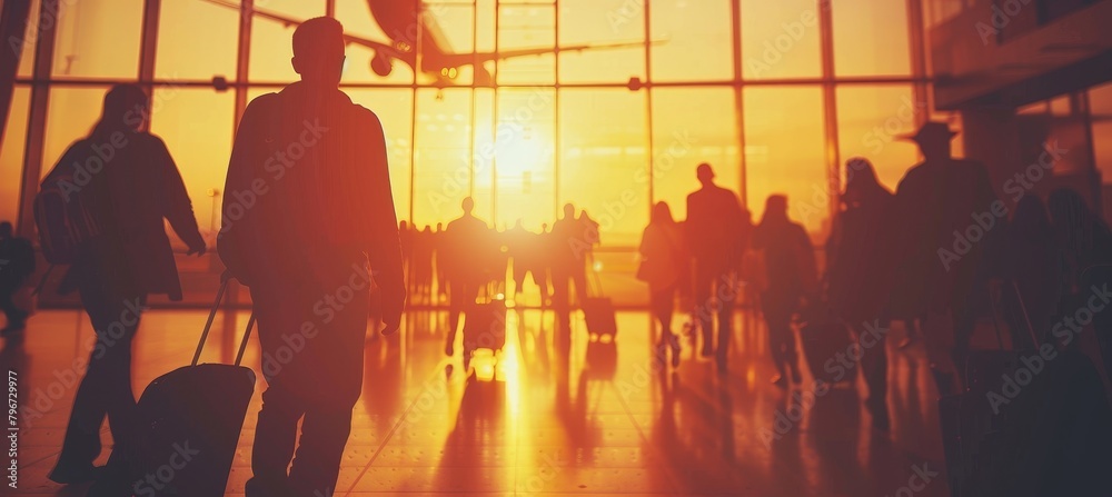 Dynamic airport terminal filled with bustling travelers and airplanes ...