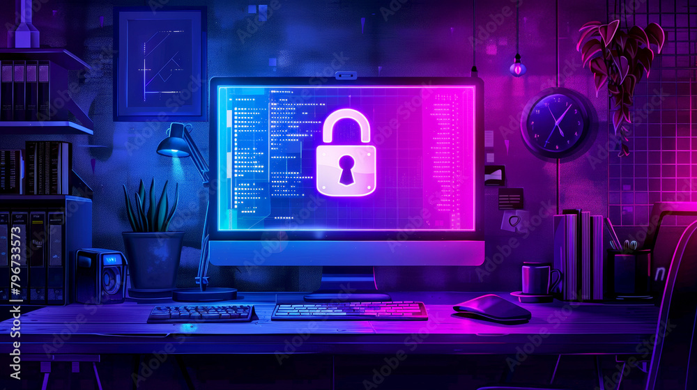 Black background, desktop computer with lock symbol on the screen ...