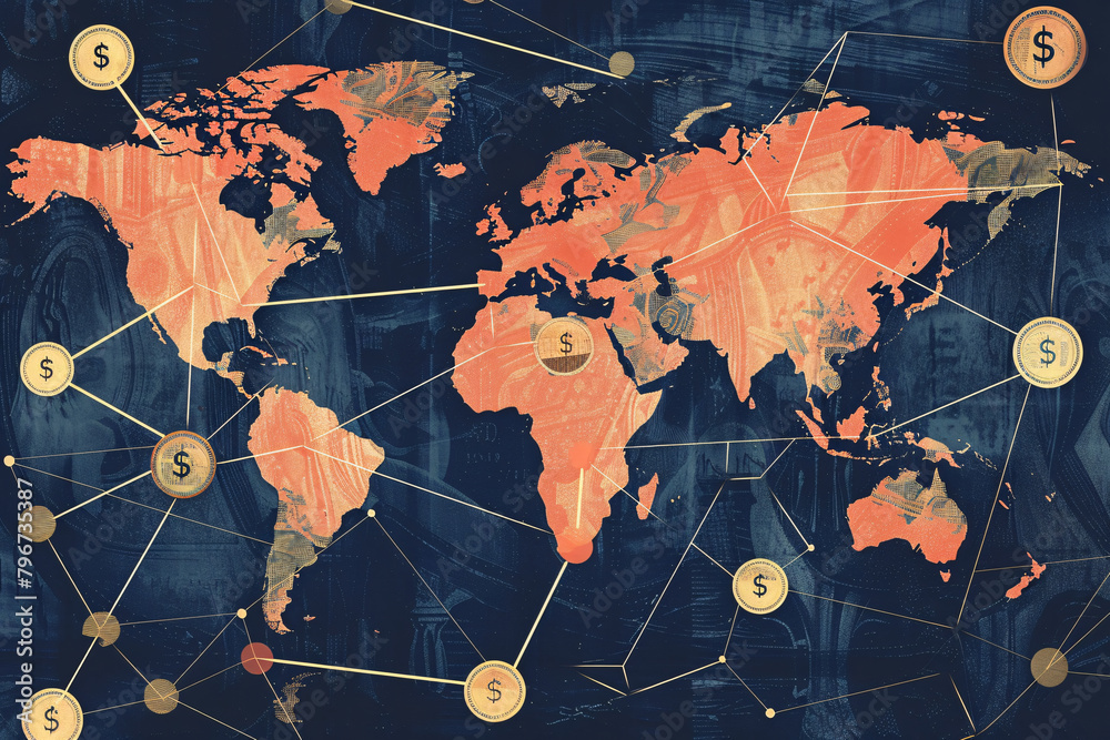 A conceptual illustration of a global economy map, with connections and ...