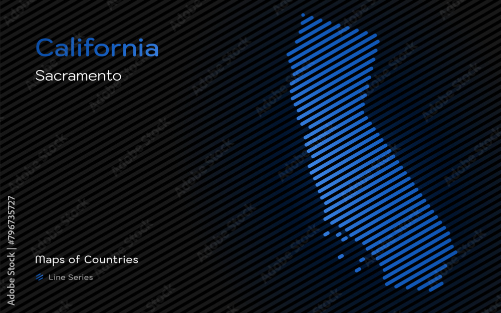 California Map with a capital of Sacramento Shown in a Line Pattern ...