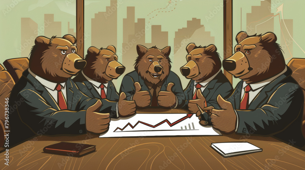 An illustration of five cartoon bears dressed in business suits ...