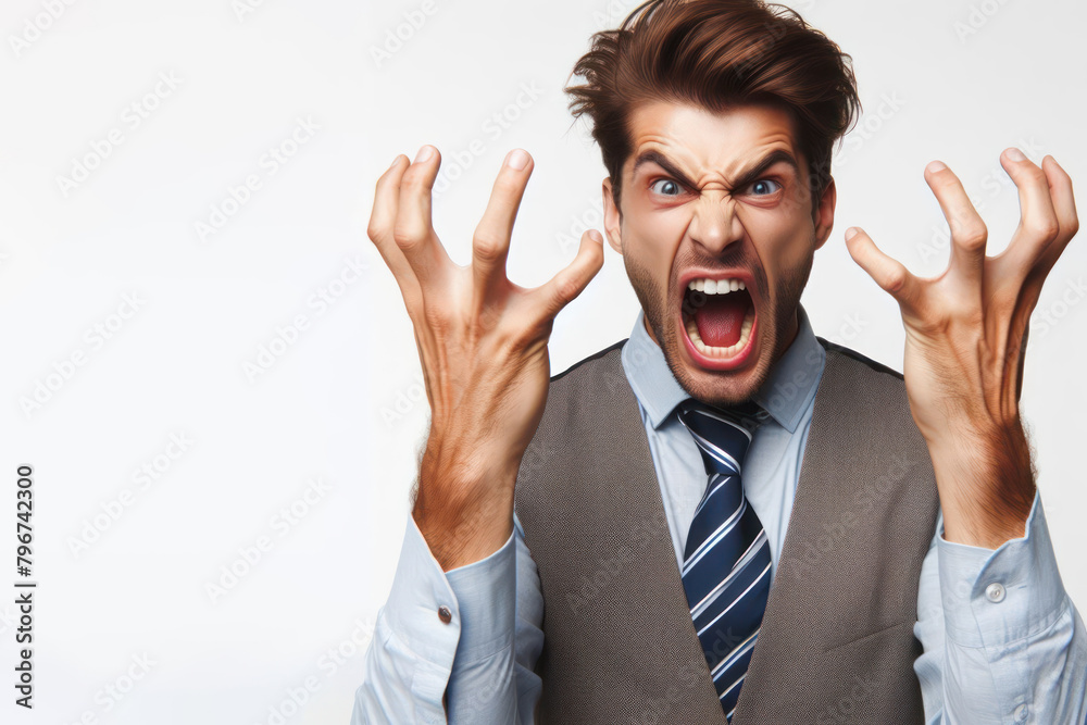 angry man with open mouth waving his hands on a white background Stock ...