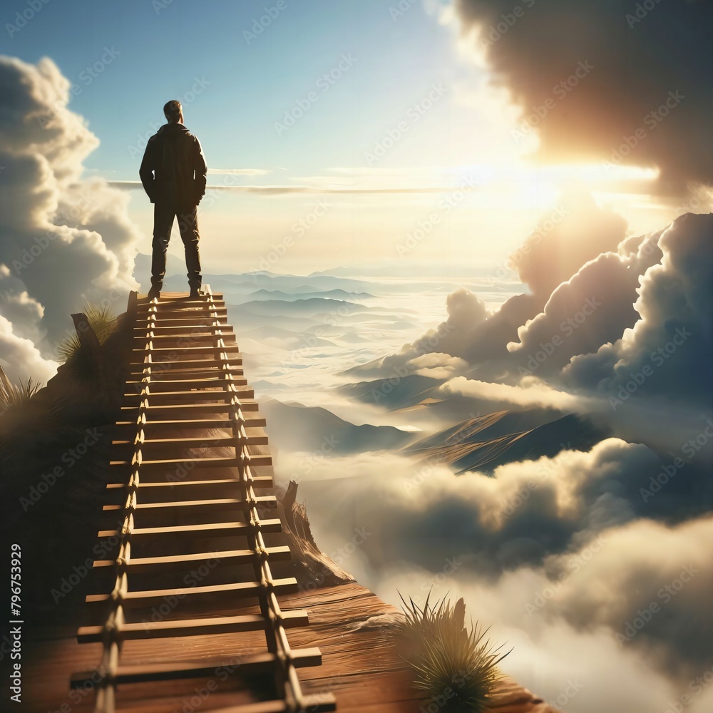Leadership and success. Ambitious businessman ascending a ladder toward ...