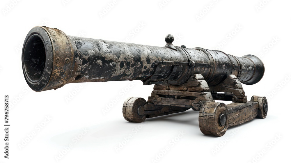 Old ancient cannon on wheels isolated on white background, historical ...