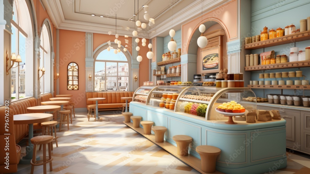 b'European style coffee shop interior design with pink and blue pastel ...