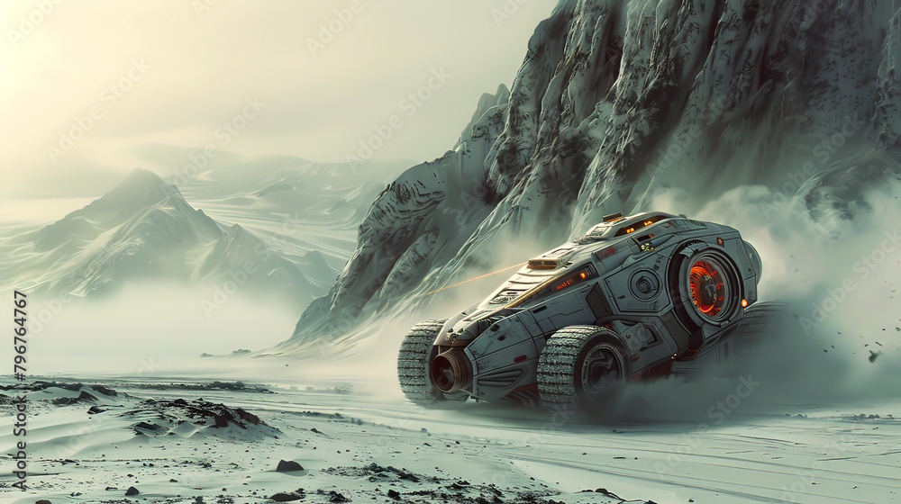 Futuristic armored vehicle speeding through an icy alien landscape, a ...