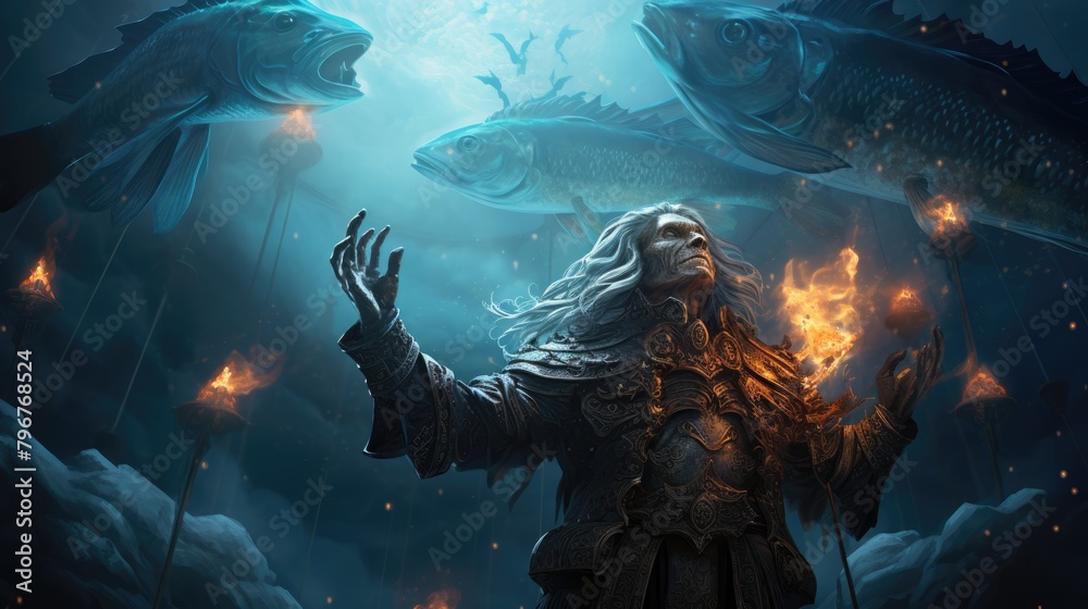 a picture fish folk humanoid fish priest of atlantis holds his hands up ...