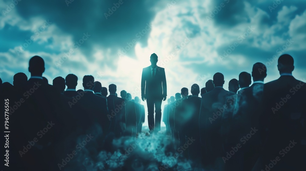 The image shows a large group of people all looking in the same ...