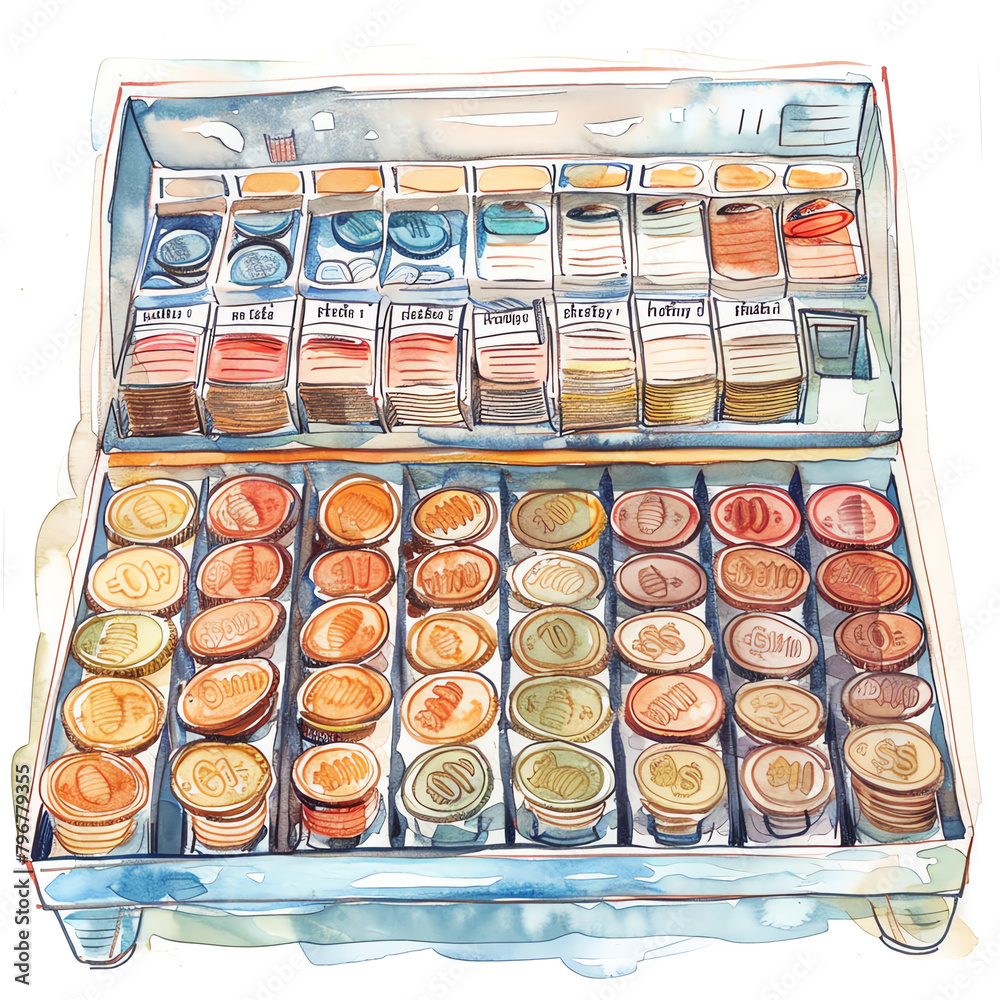Minimalistic watercolor illustration of coin counters and sorters on a ...