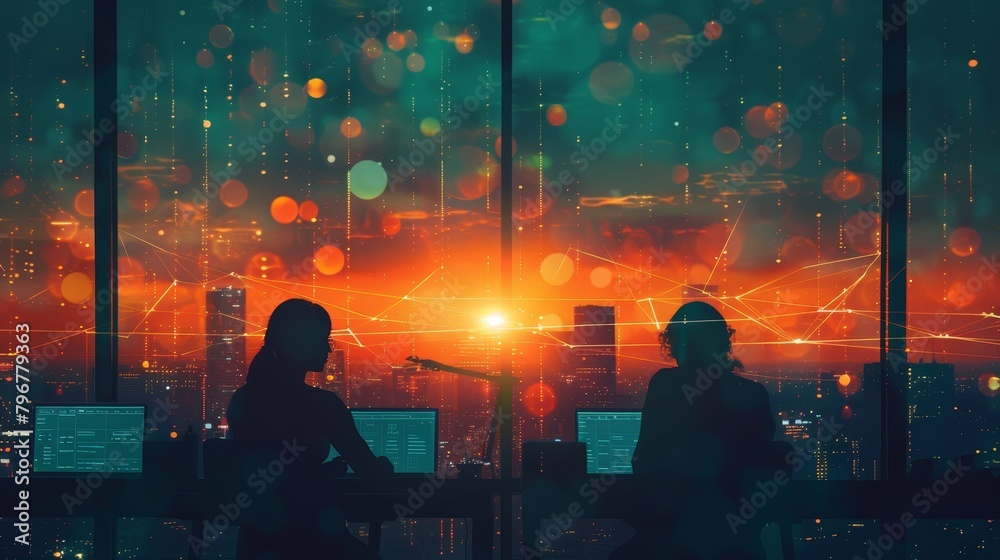 Two people coding in front of a window with a city in the background ...