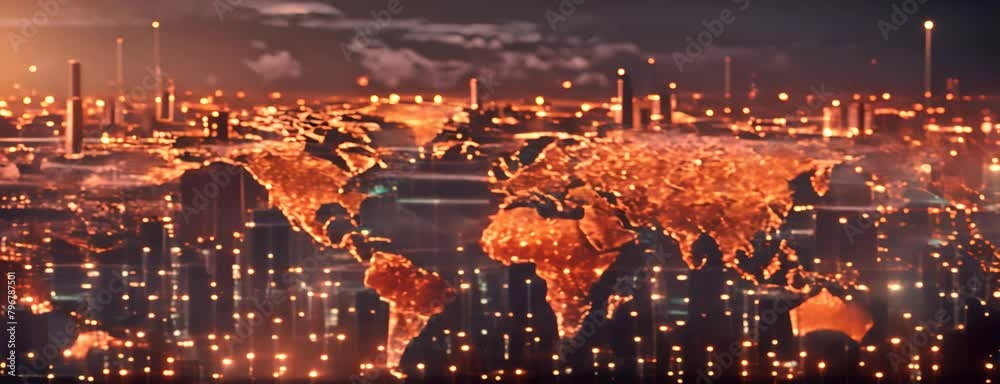 Global Network: Map with connecting lines, screens with landmarks ...