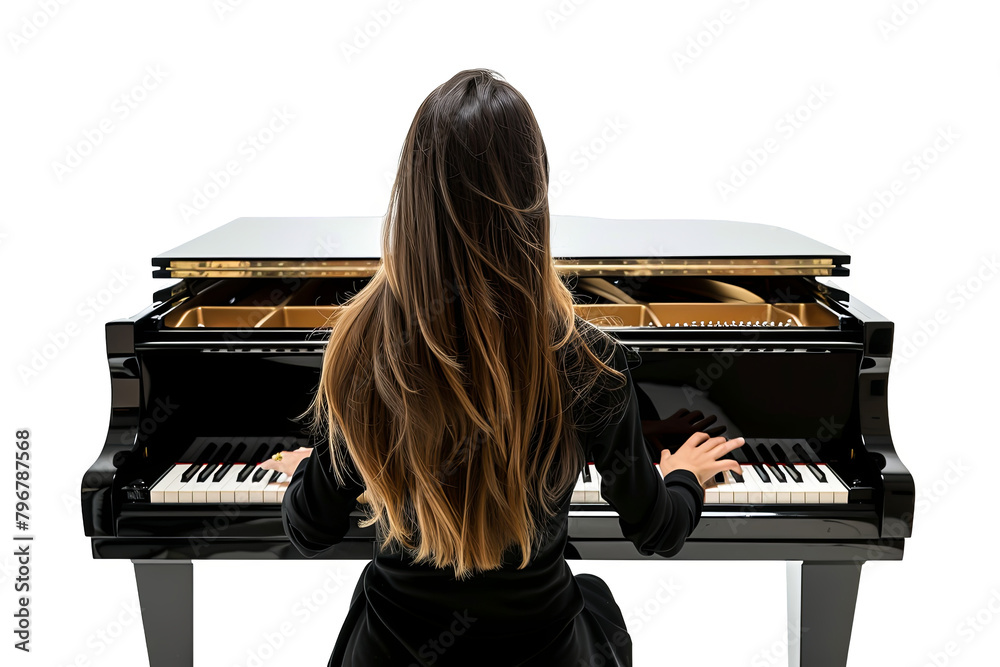 Elegant Pianist Playing a Grand Piano Viewed from Behind Isolated on ...