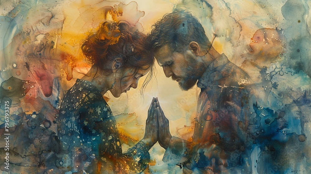Painting of couple praying together, watercolour background Stock ...