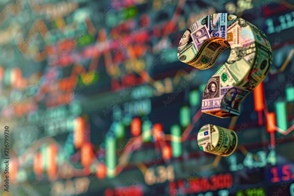 A question mark made out of money is floating above a chart of stock ...