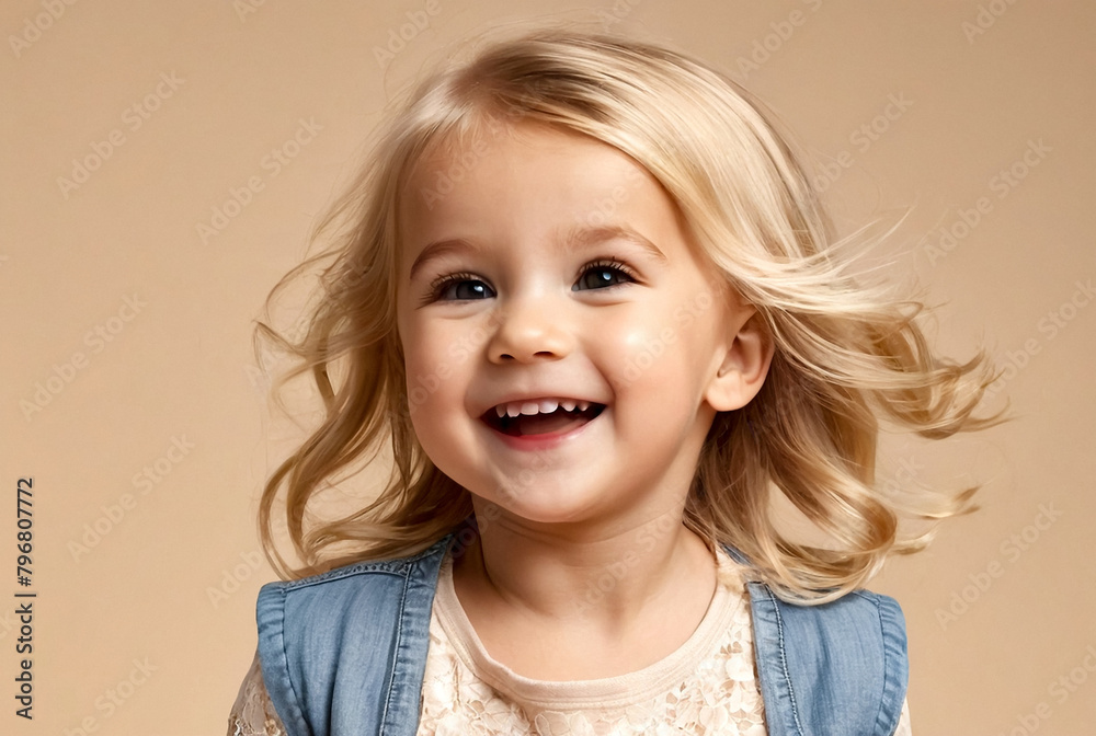 Portrait (face) of laughing blonde little girl at beige background ...