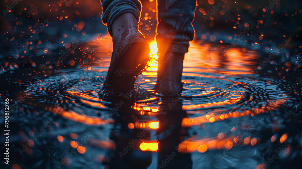 A person's foot is in a puddle of water, with the sun shining on it ...