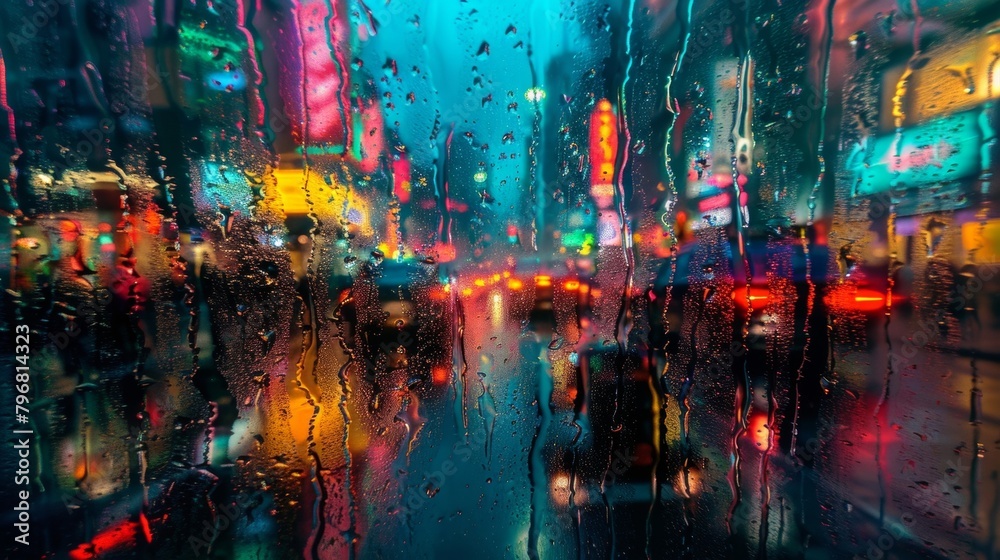 Amidst the downpour the city becomes a distorted landscape with blurred ...