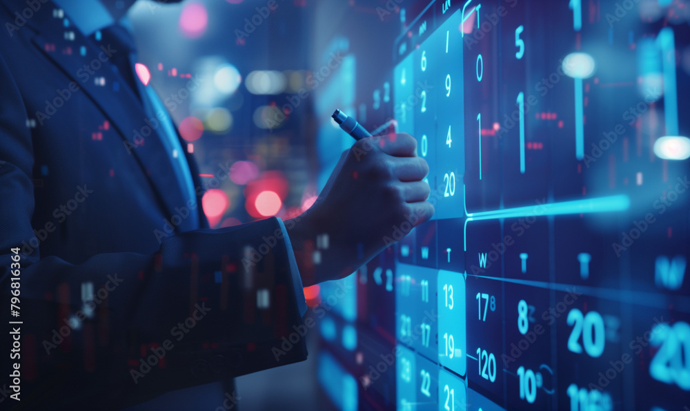 The businessman uses a virtual screen interface that displays a ...