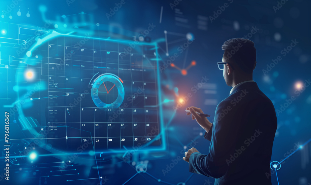 The businessman uses a virtual screen interface that displays a ...