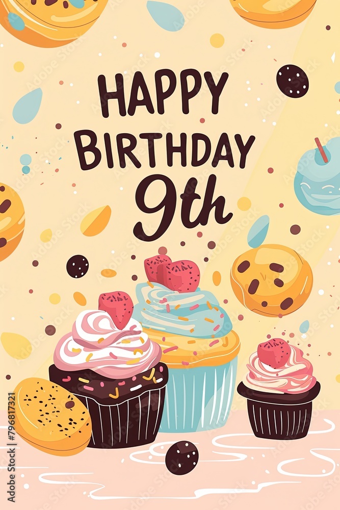 This 9th birthday card features a delightful tower of cupcakes ...