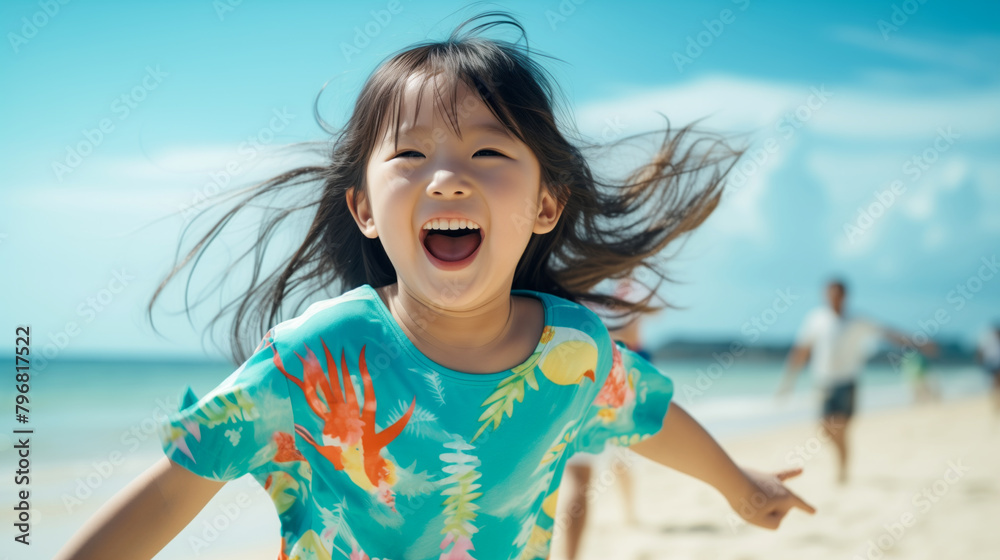 Little asian girl joyfully having a great time on a sunny beach during ...