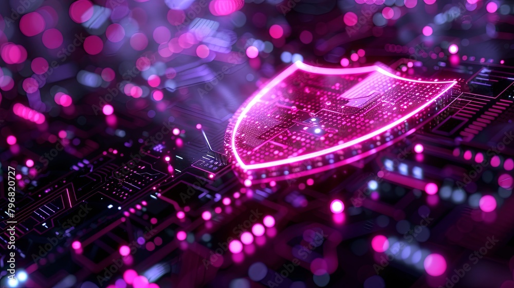 Cybersecurity concept with a glowing digital shield on a binary code ...