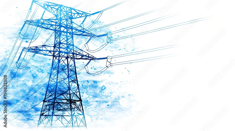 Stylized Electric Power Lines Over Blue Watercolor Background ...