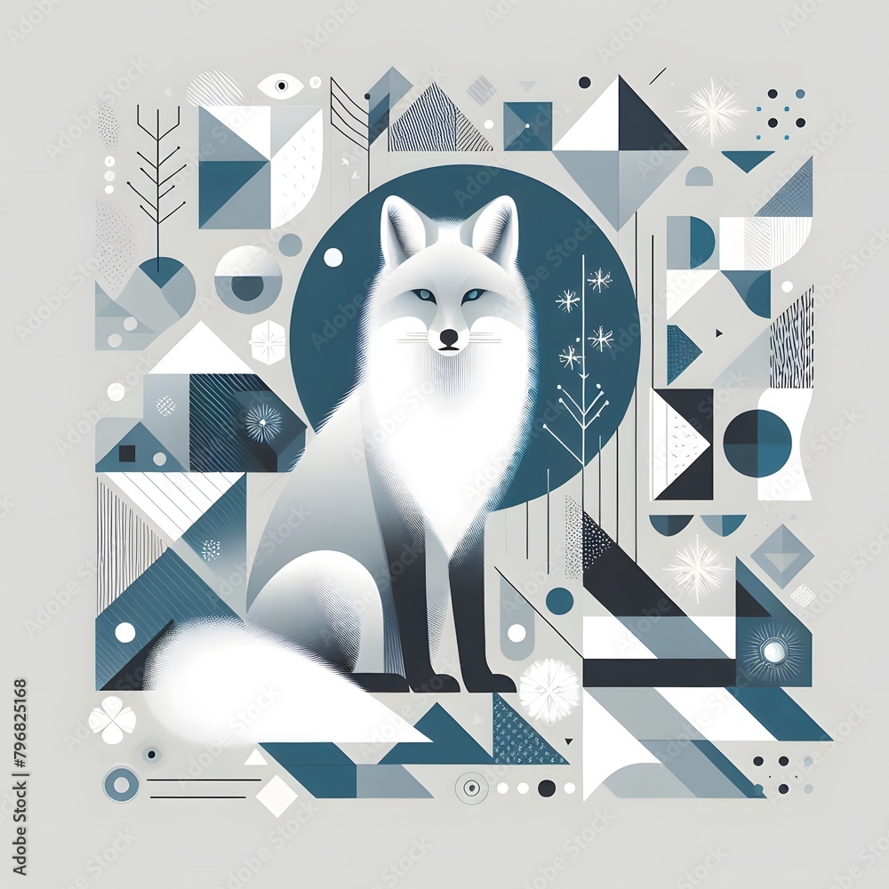 Minimalist art, illustration of a sleek silver fox sitting amidst a ...