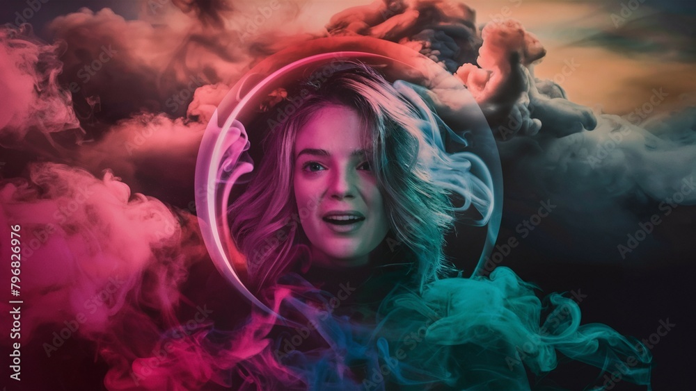 Clouds of colored smoke surrounding a woman. A charming and mysterious atmosphere of an abstract ...
