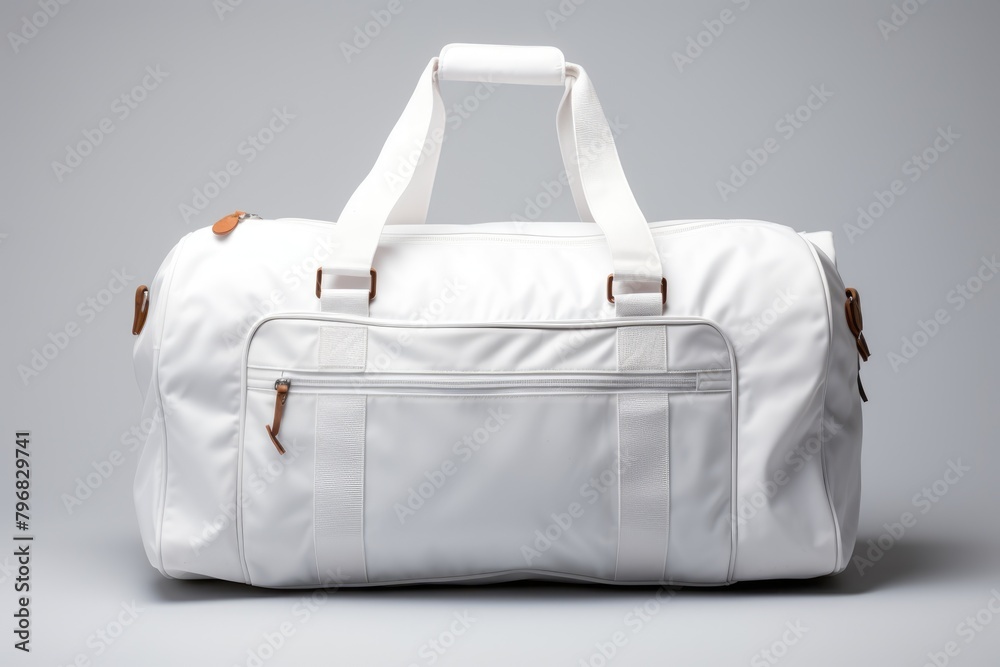a blank white duffel bag, meticulously styled and photographed against ...