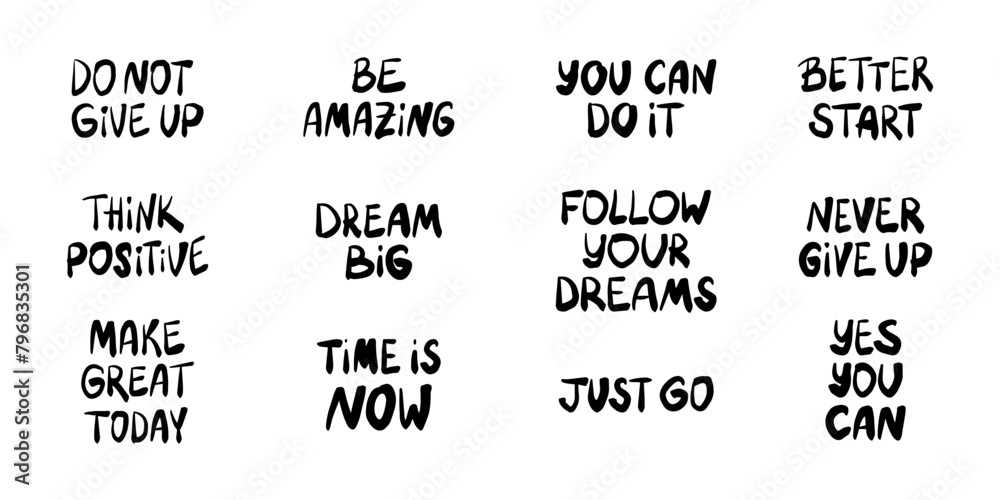 Collection of inspiring positive phrases and quotes. Hand drawn quirky ...