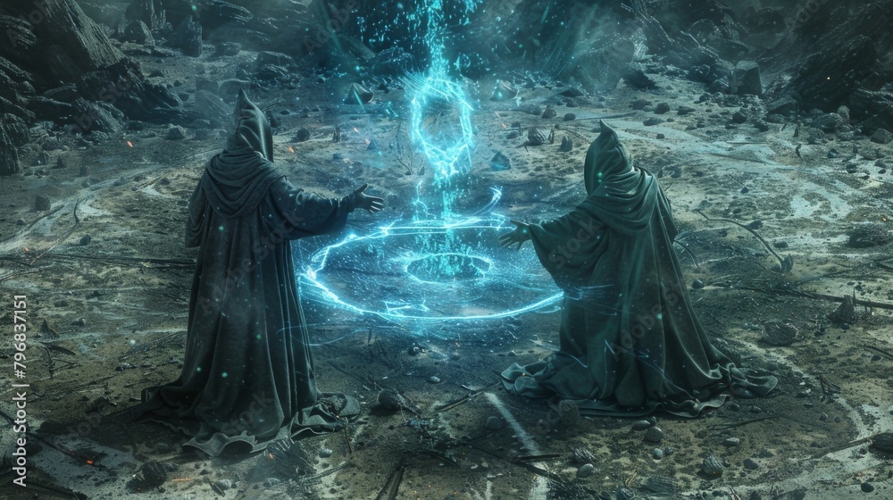 Amidst a desolate wasteland two wizards circle each other each wielding ...