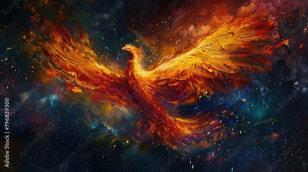 Convey the mysterious charm of a mythical phoenix rising from fiery ...
