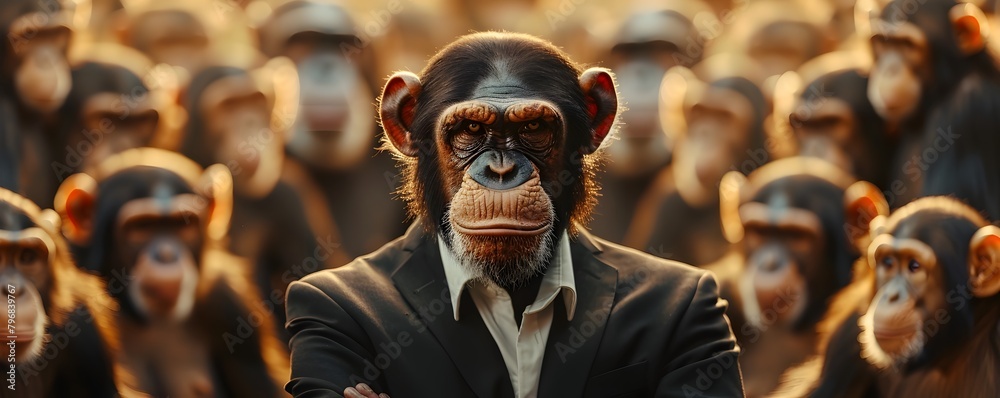 Serious Suited Monkey Leading a Crowd of Cheerful Primates Symbolizing ...