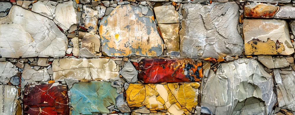 Wall of old, ornate tiles with peeling paint, showing patterns in ...