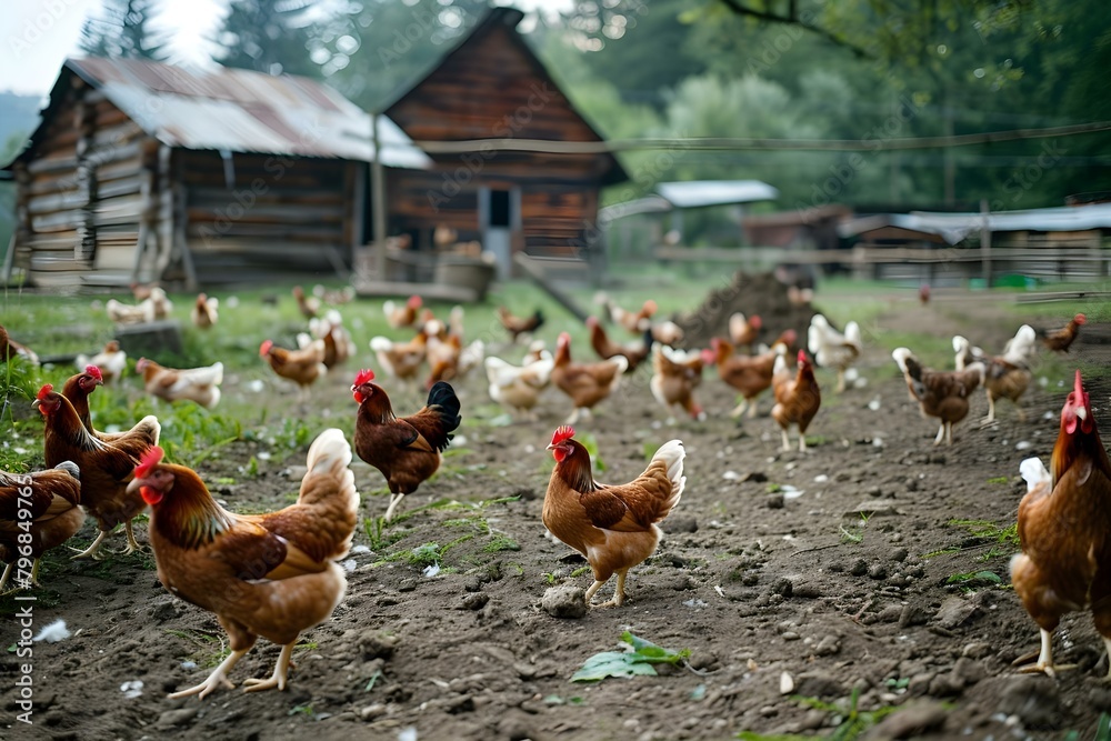 Busy poultry farm with many chickens roaming around the poultry house ...