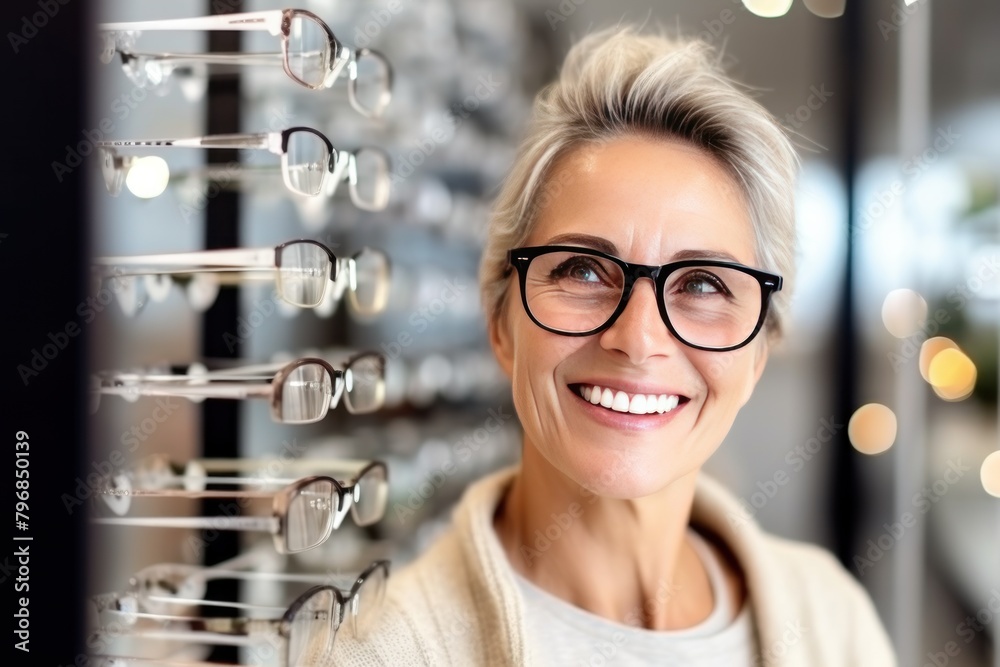 Mature elegant lady with glad chooses glasses for vision to see in ...